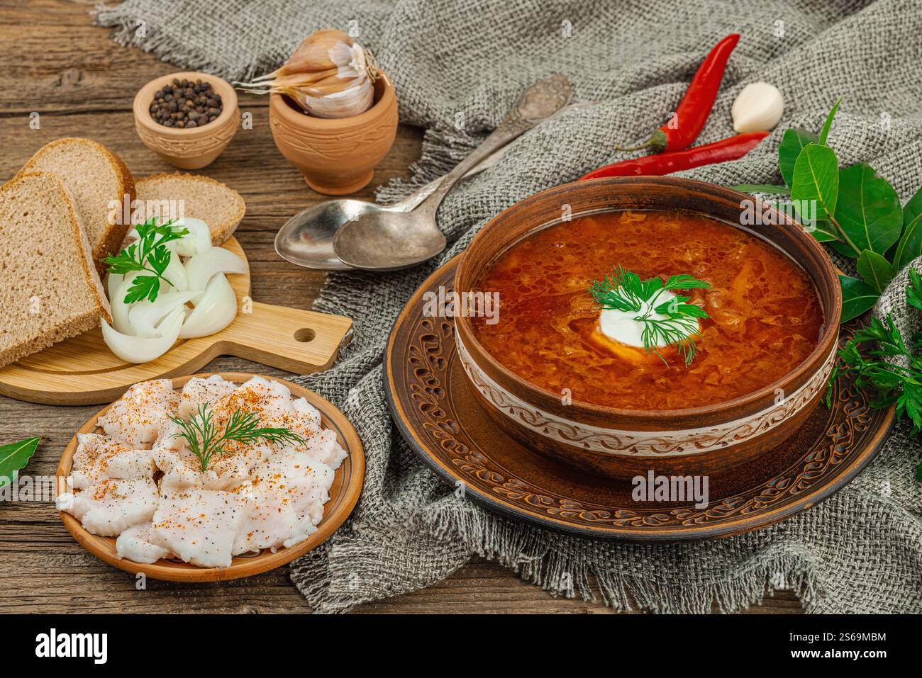Traditional Ukrainian borscht. Hot dish, national red soup, served in ...
