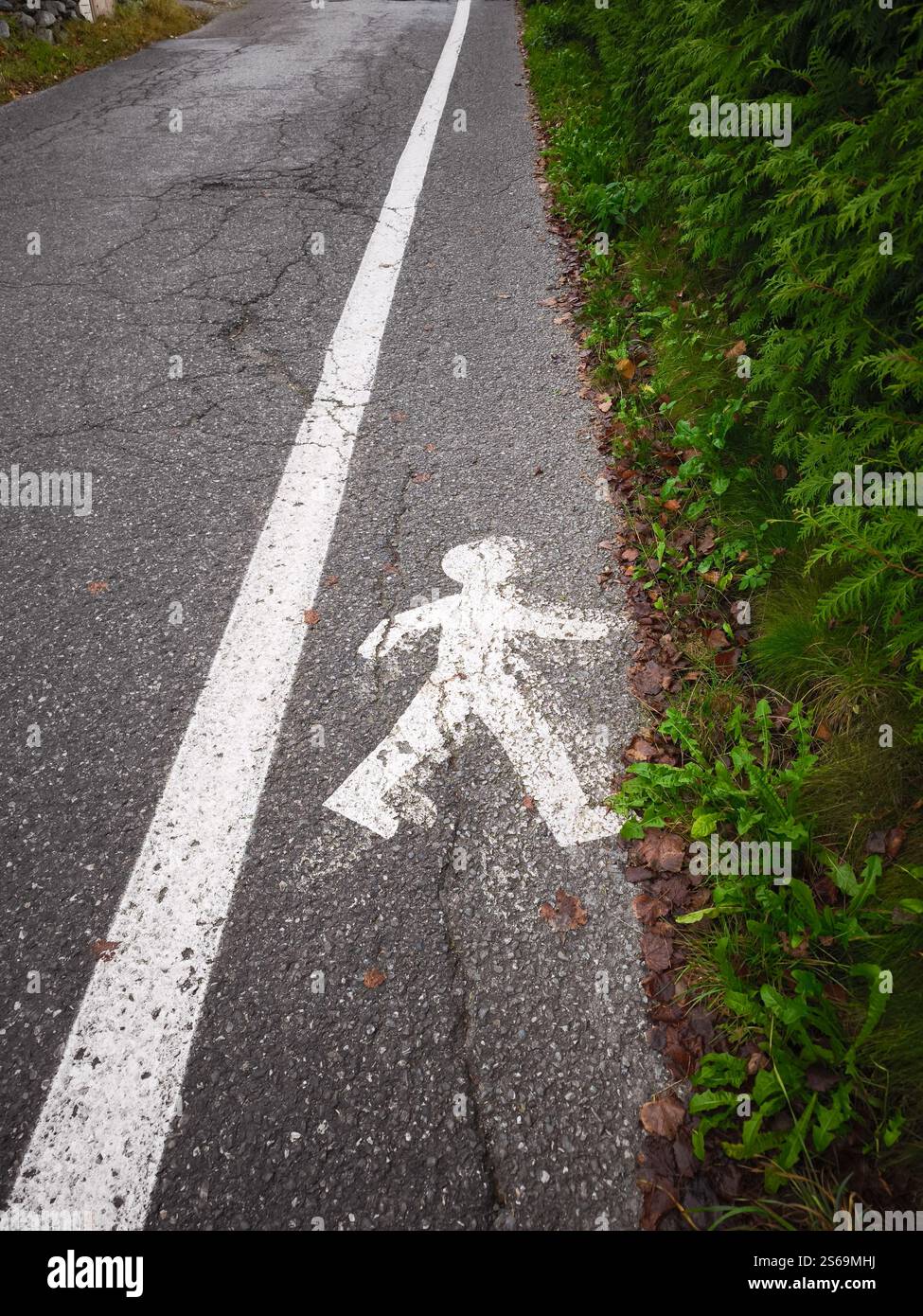White pedestrian crossing sign painted on asphalt road surface ...