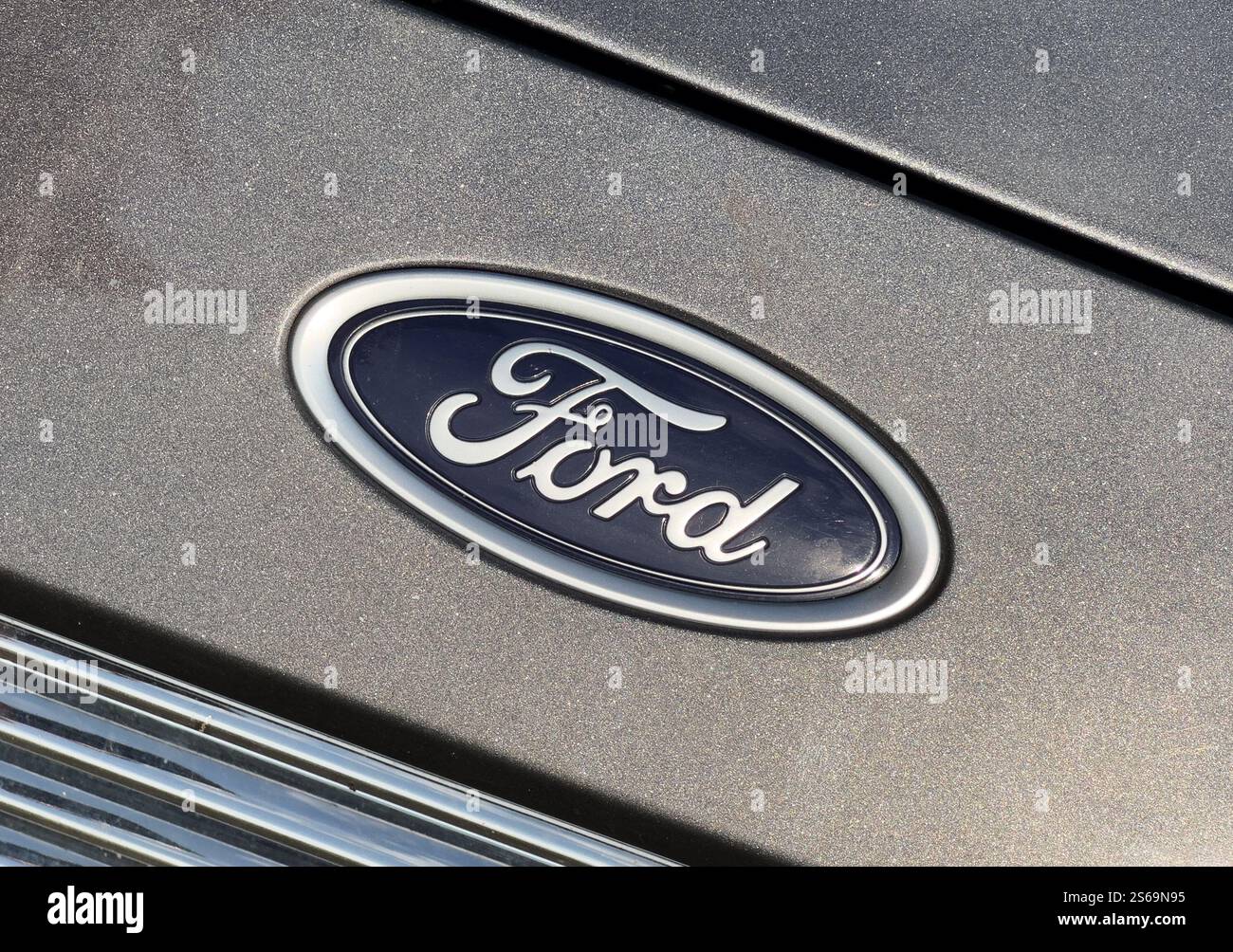 Lodz, Poland January 16 2025 Ford logo emblem closeup, oval-shaped with ...