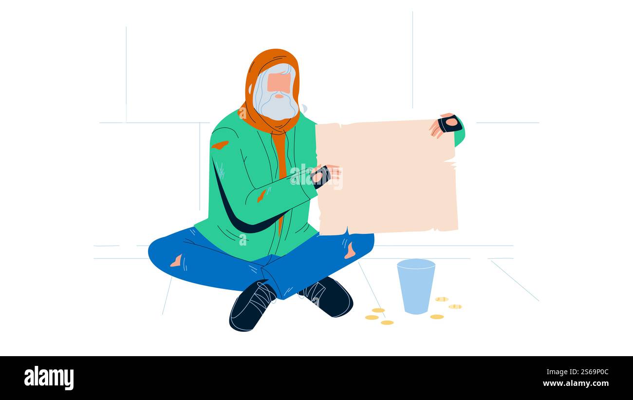 Beggar Sitting On Floor And Holding Carton Black Line Pencil Drawing ...