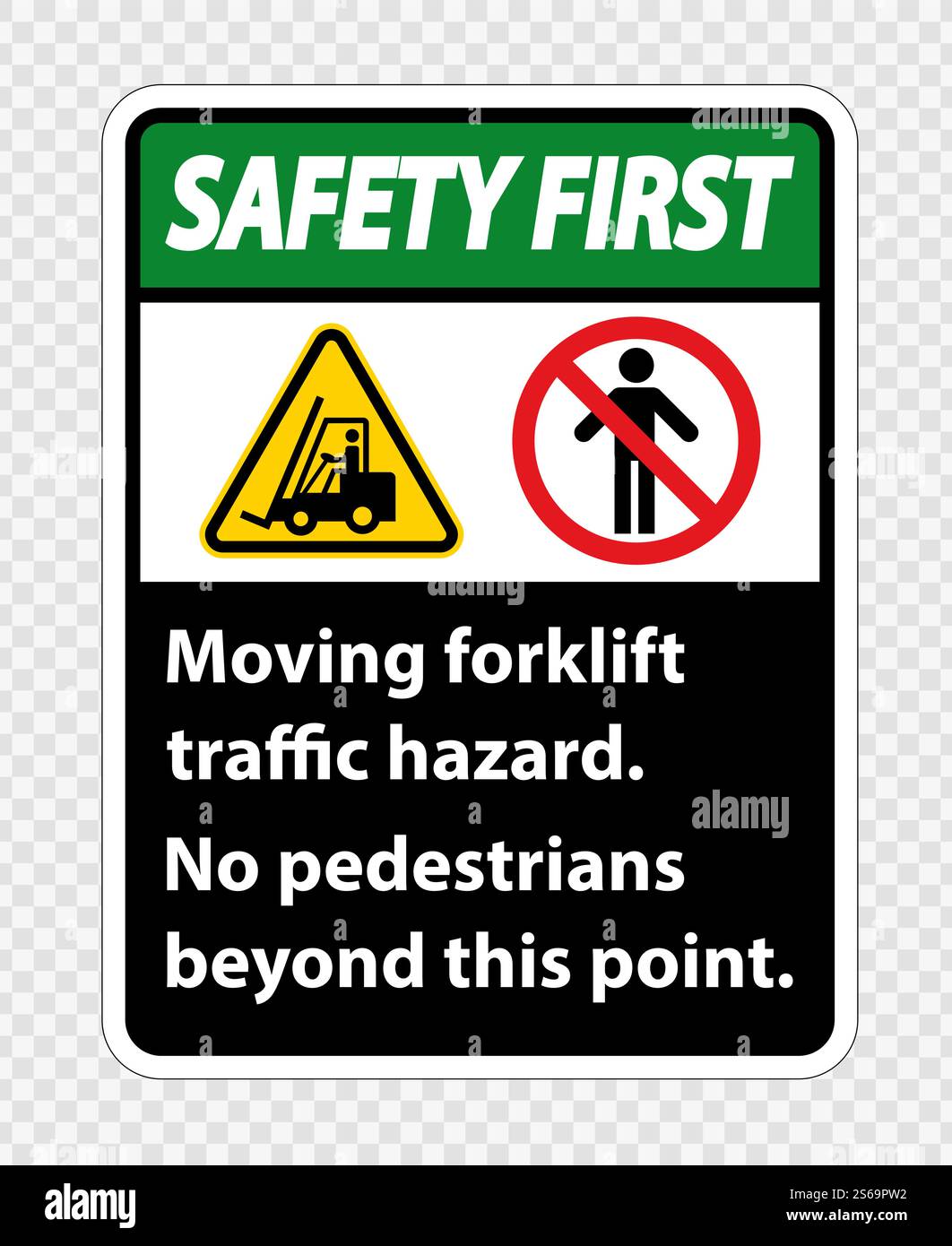 Moving forklift traffic hazard,No pedestrians beyond this point,Symbol ...