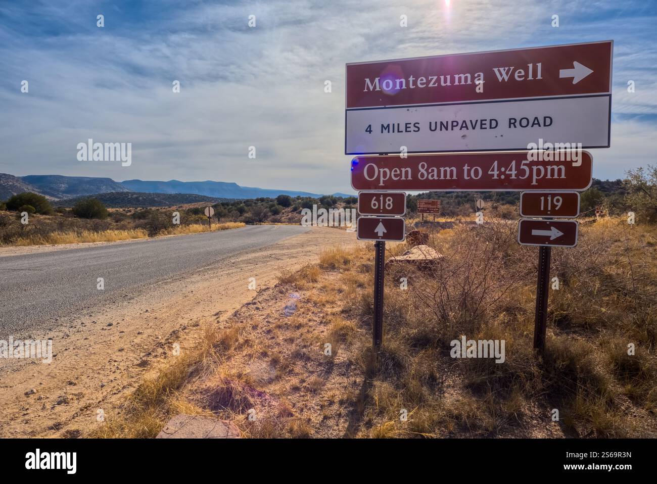 Road sign directing travelers to the Montezuma Well National Monument ...