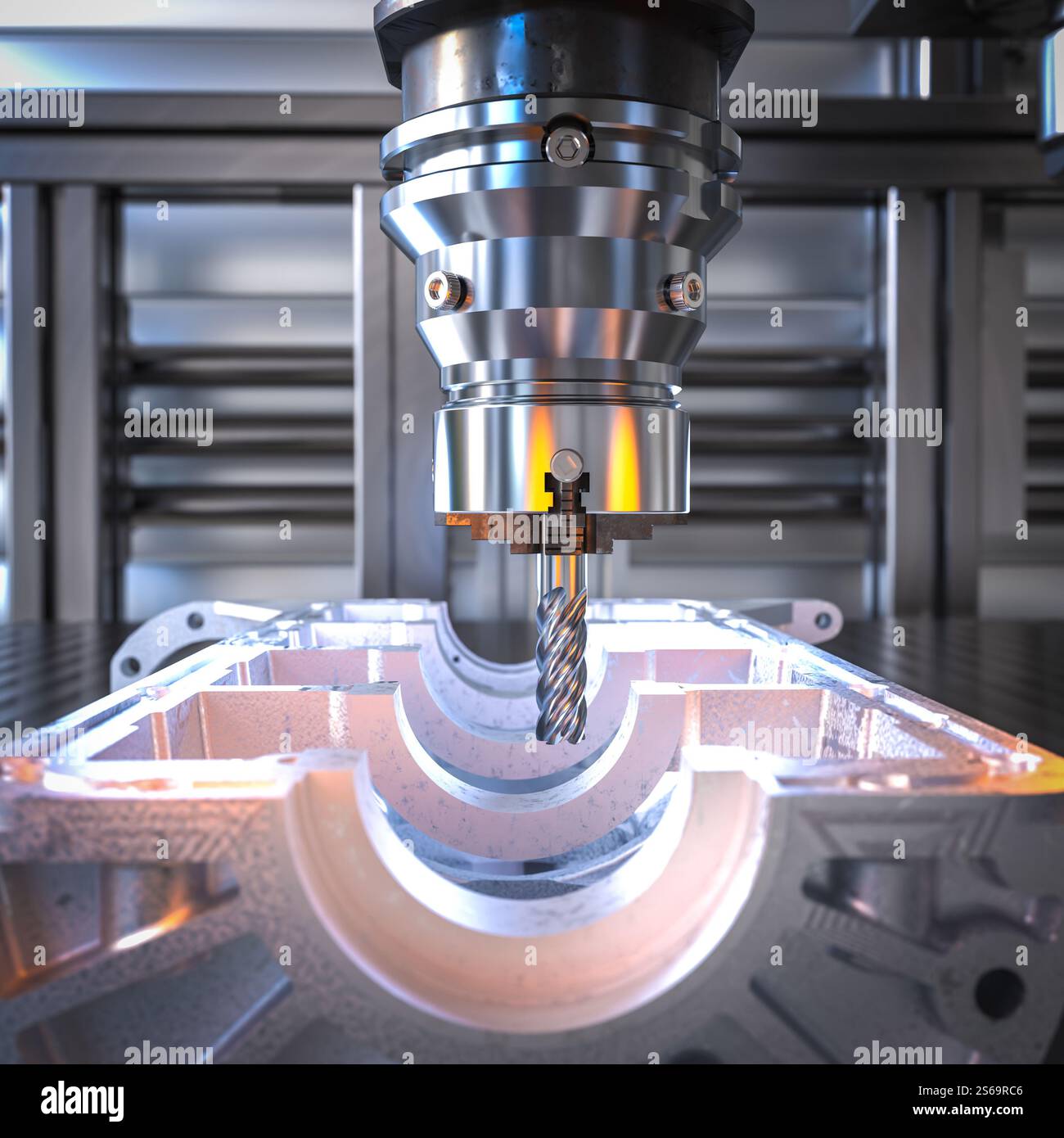 Cnc milling machine creating metal car part modern factory 3d Stock ...