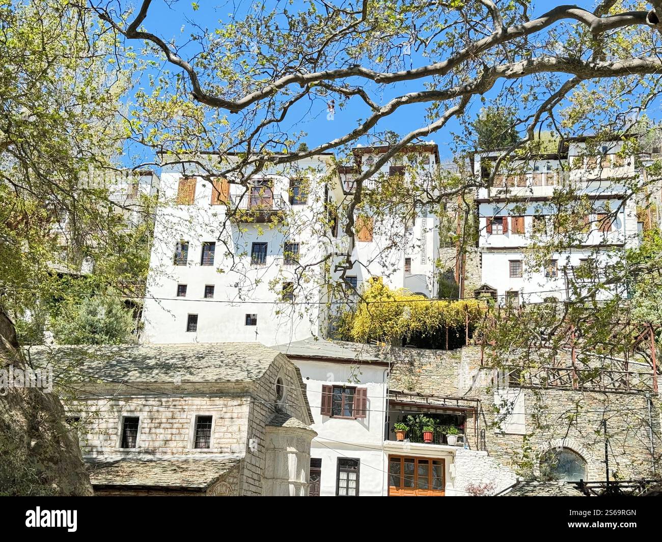 The traditional village of Makrinitsa with the stone built houses is ...