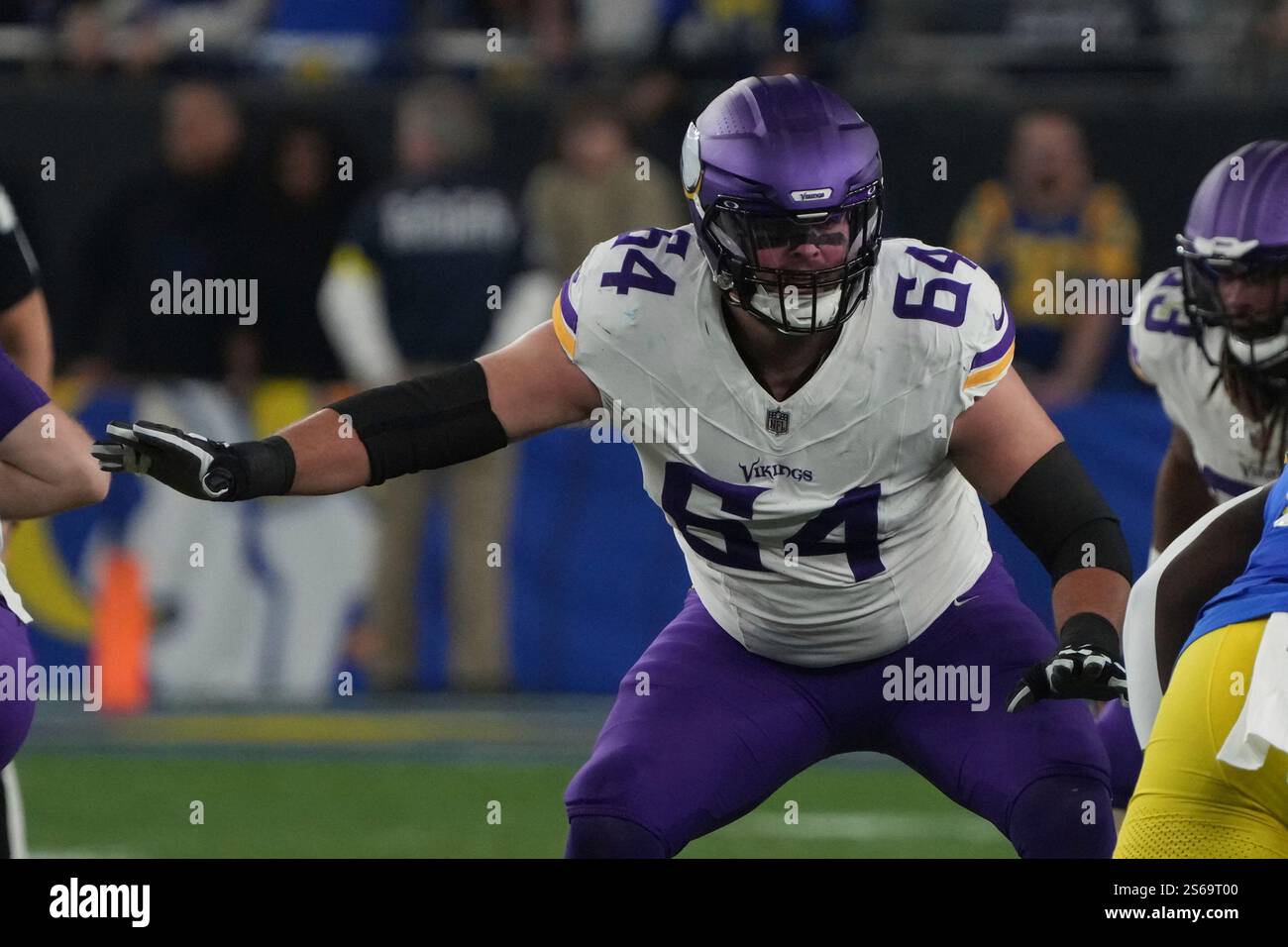 Minnesota Vikings guard Blake Brandel (64) lines up against the Los ...