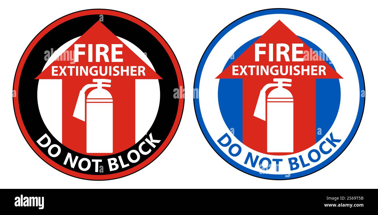 Fire Extinguisher Do Not Block Floor Sign on white background Stock ...