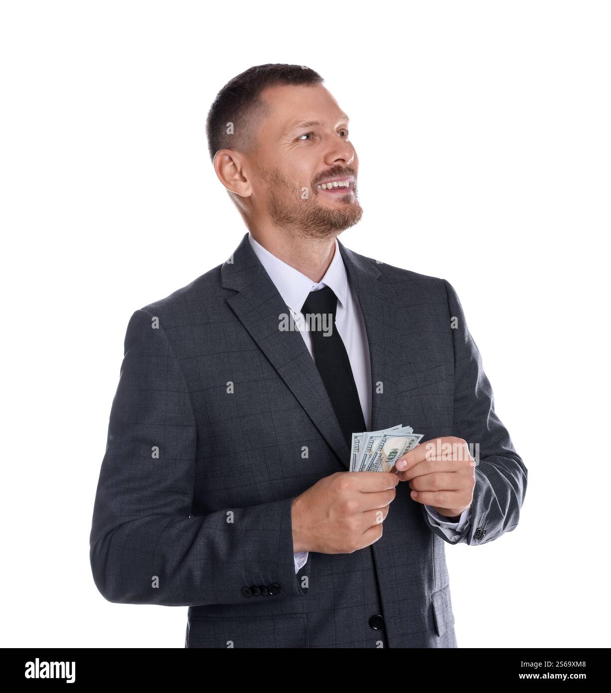 Banker with dollar banknotes on white background Stock Photo - Alamy