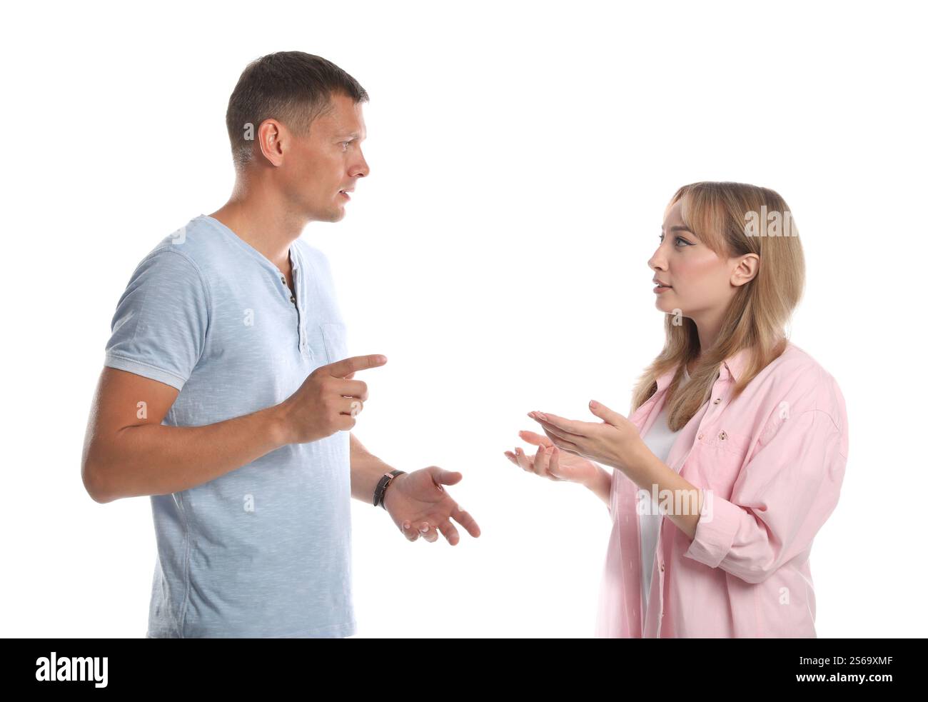 Man and woman talking on white background Stock Photo - Alamy