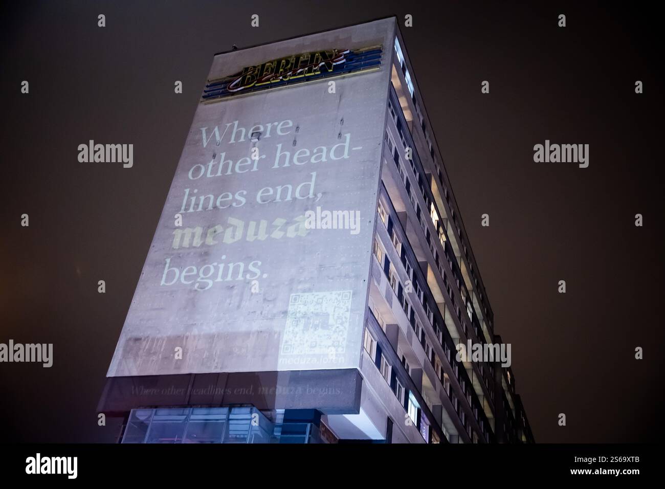 16 January 2025, Berlin: A projection of the internet newspaper Meduza ...