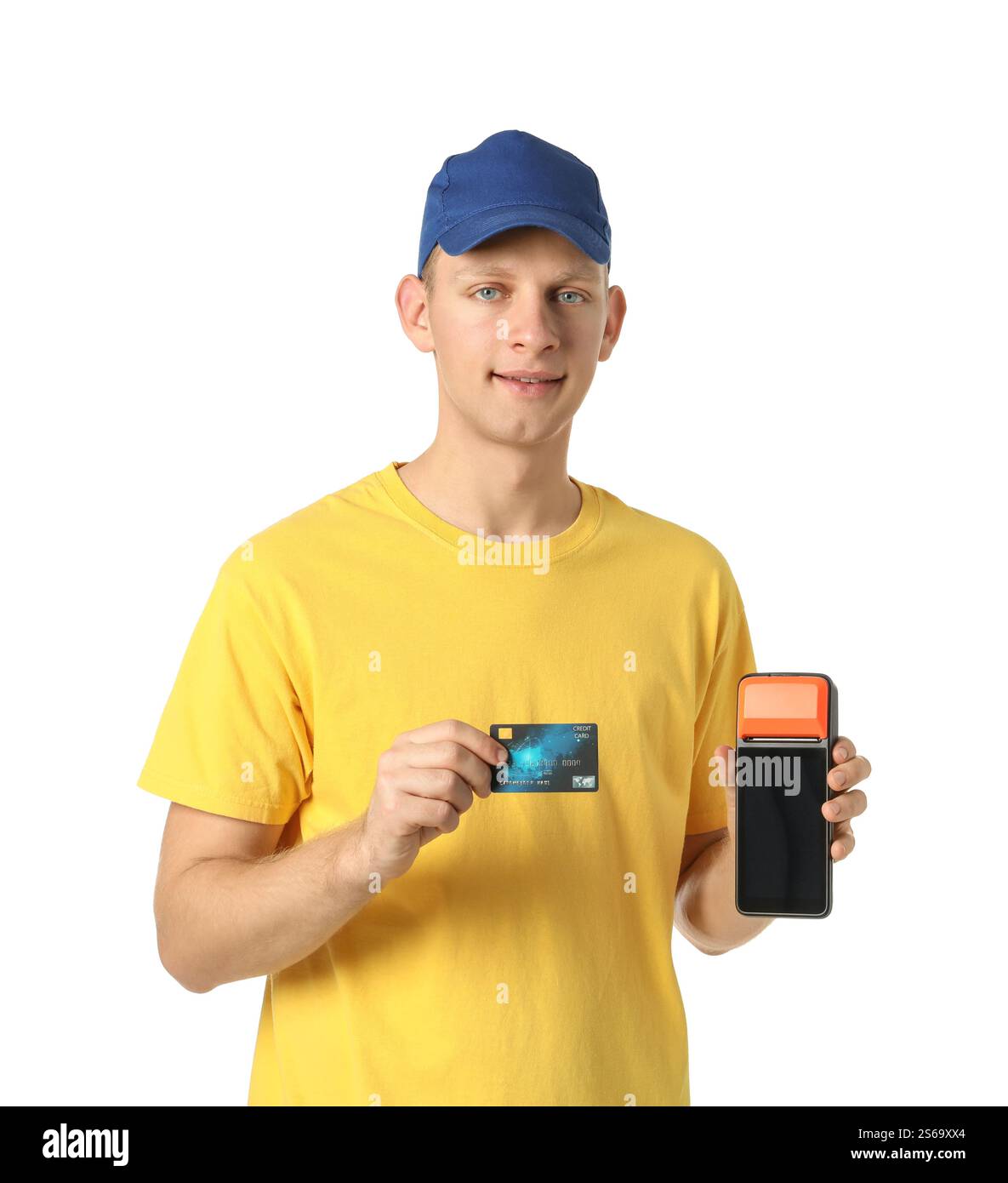 Happy courier with payment terminal and debit card on white background ...
