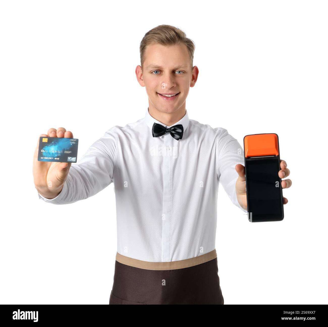 Happy waiter with payment terminal and debit card on white background ...