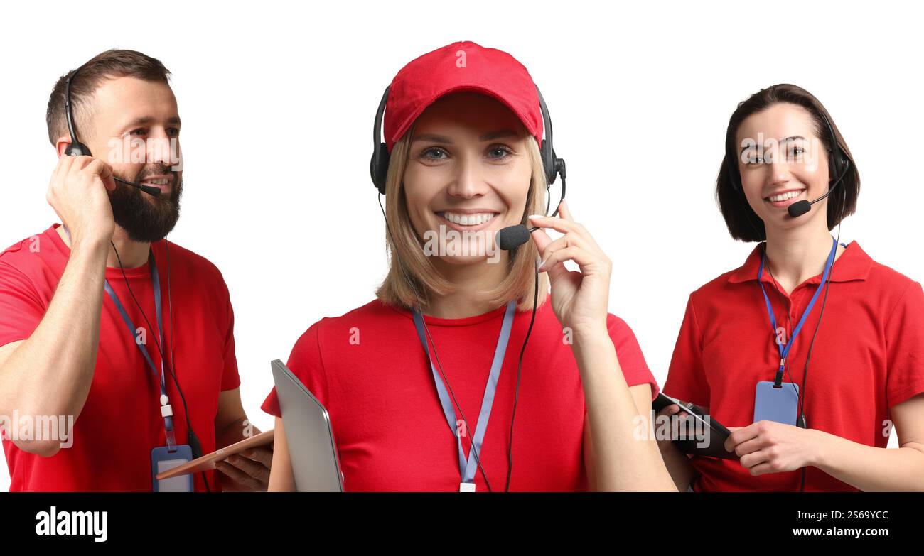 Technical support call center. Friendly operators with headsets on ...
