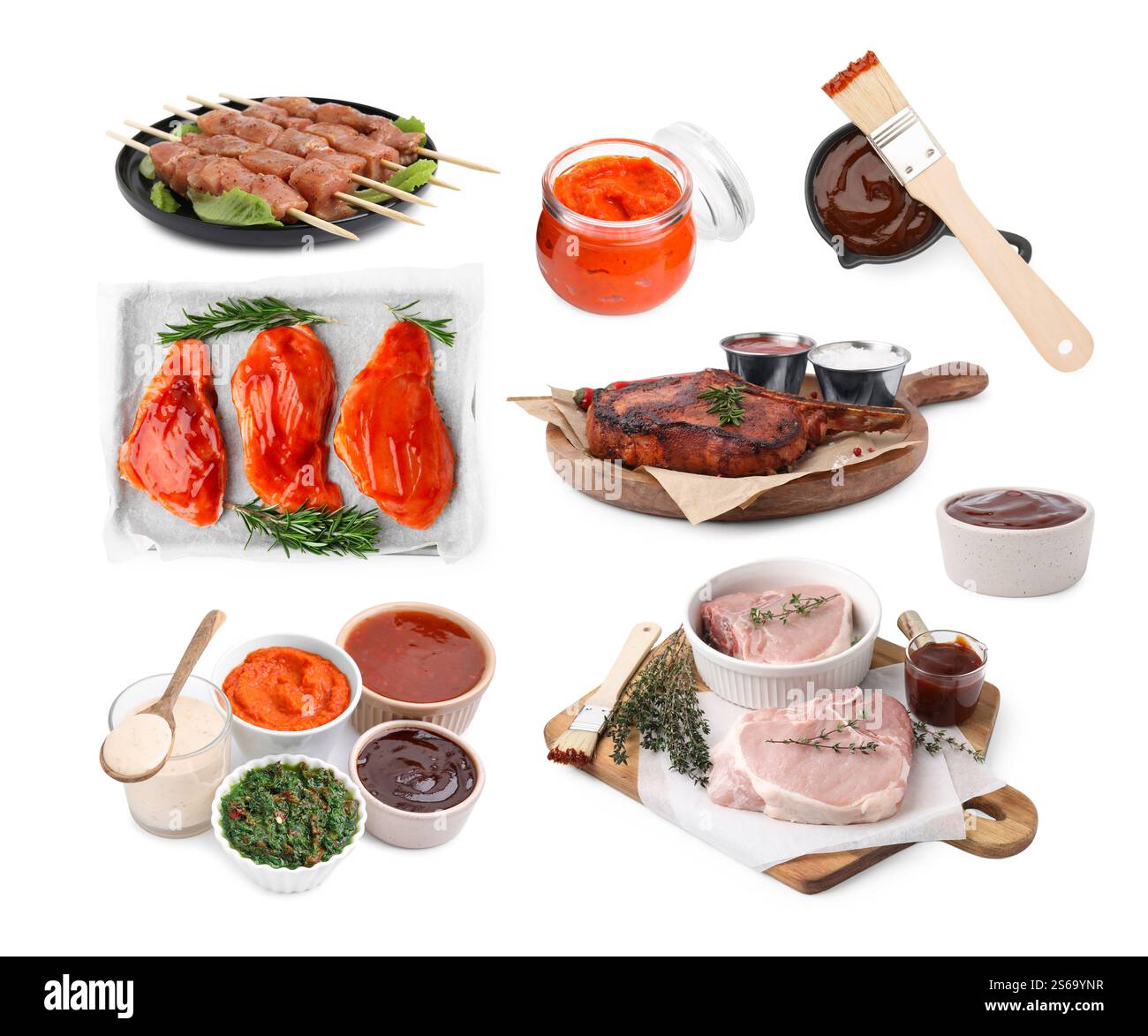 Marinade sauces and different types of marinated meat on white ...