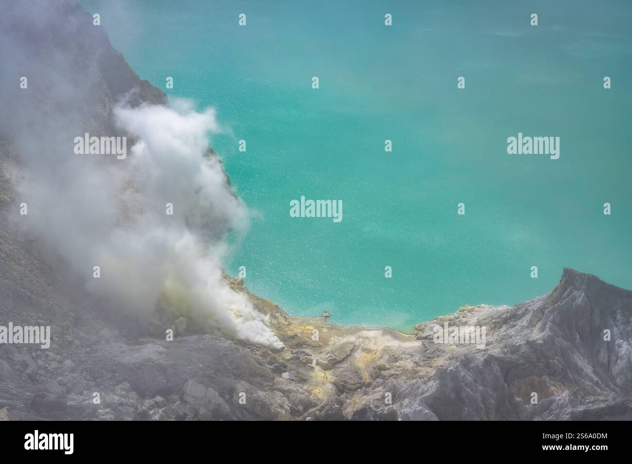 A stunning aerial vista showcasing a magnificent Ijen volcano, burning ...