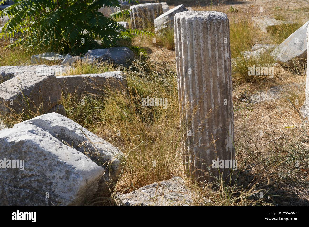 Elements of ancient building scattered over grass space in Kos, Greece ...