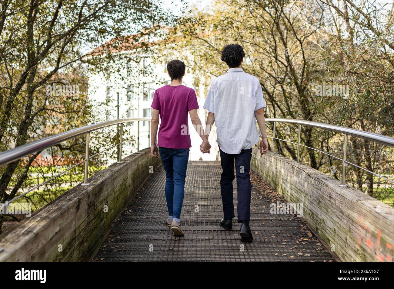 Two men walking hand-in-hand across a park bridge, seen from behind ...