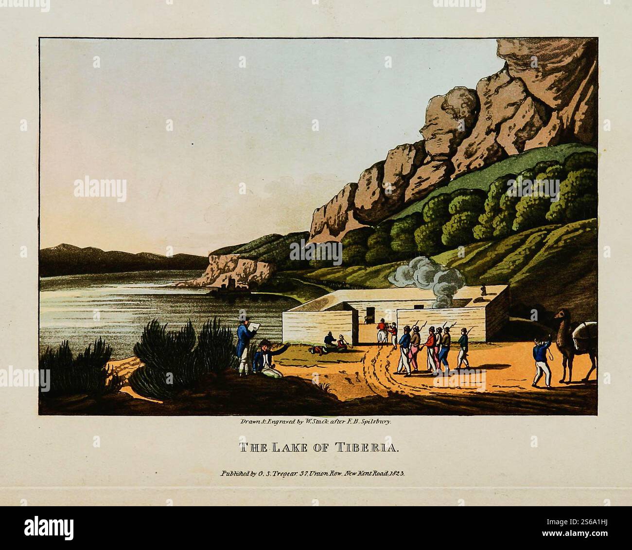 The Lake of Tiberia, with British military settlement. Vintage Aquatint ...