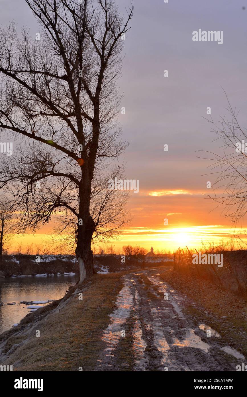 Sunset on a cold winter's day on the banks of the Mures river Stock ...