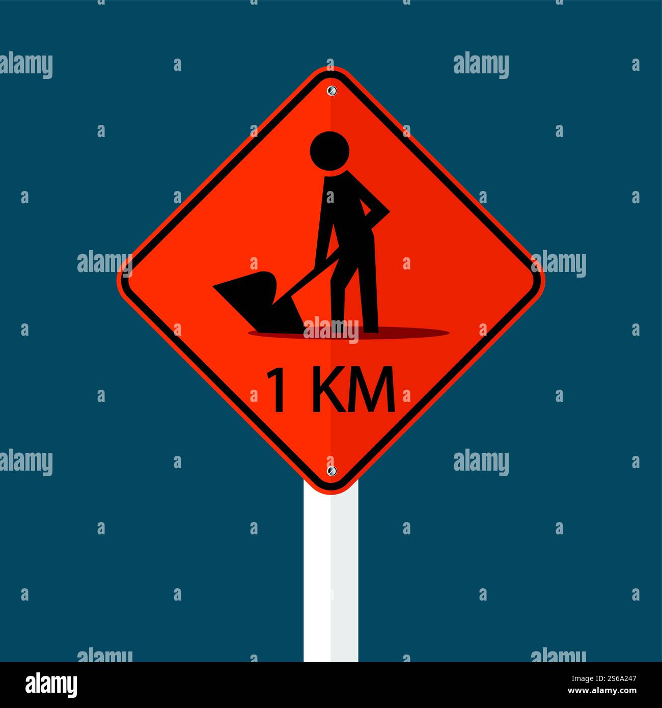 road construction ahead 1km.Sign isolated on grey sky background.Vector ...