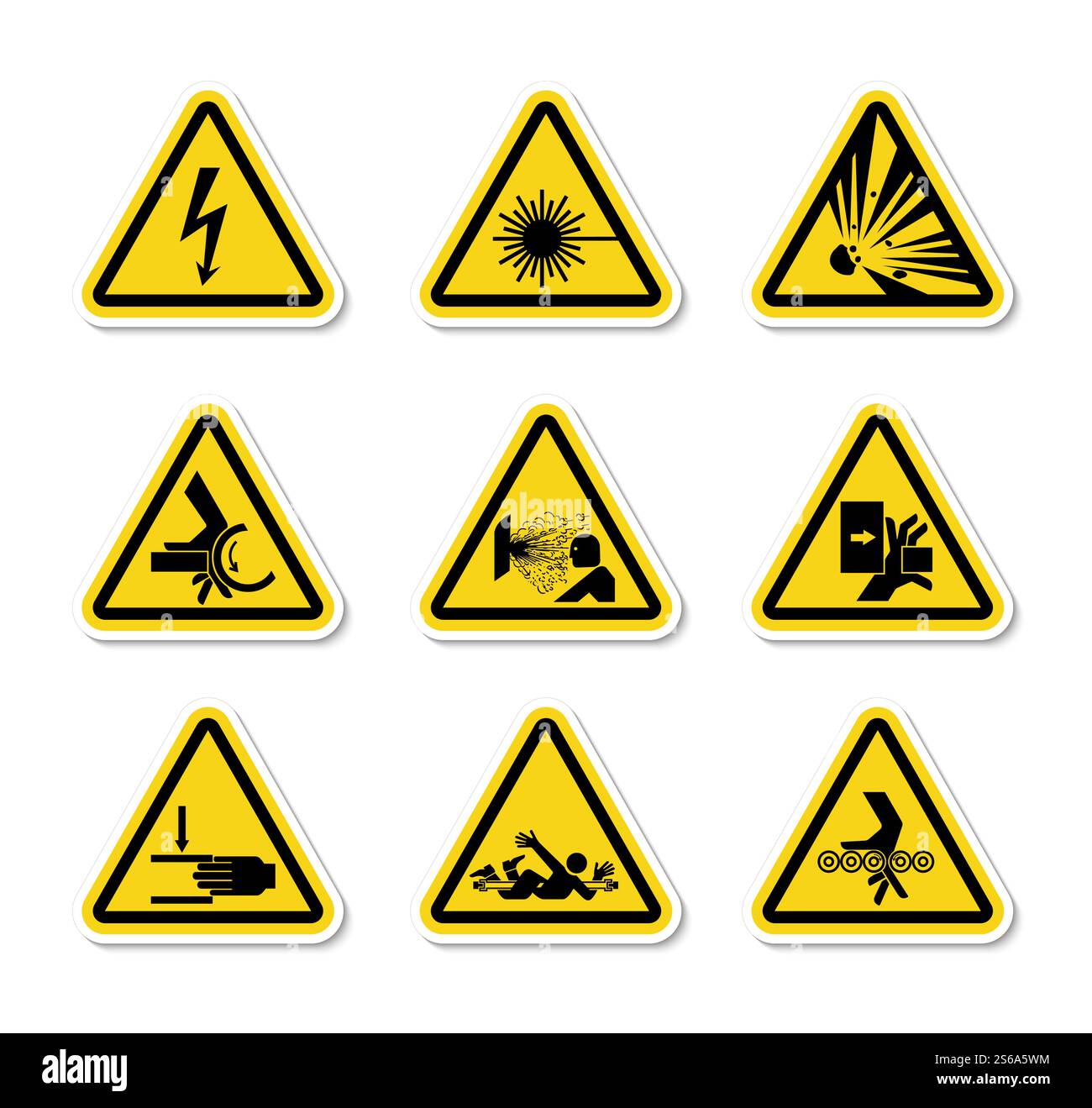 Triangular Warning Hazard Symbols labels On White Background Stock ...
