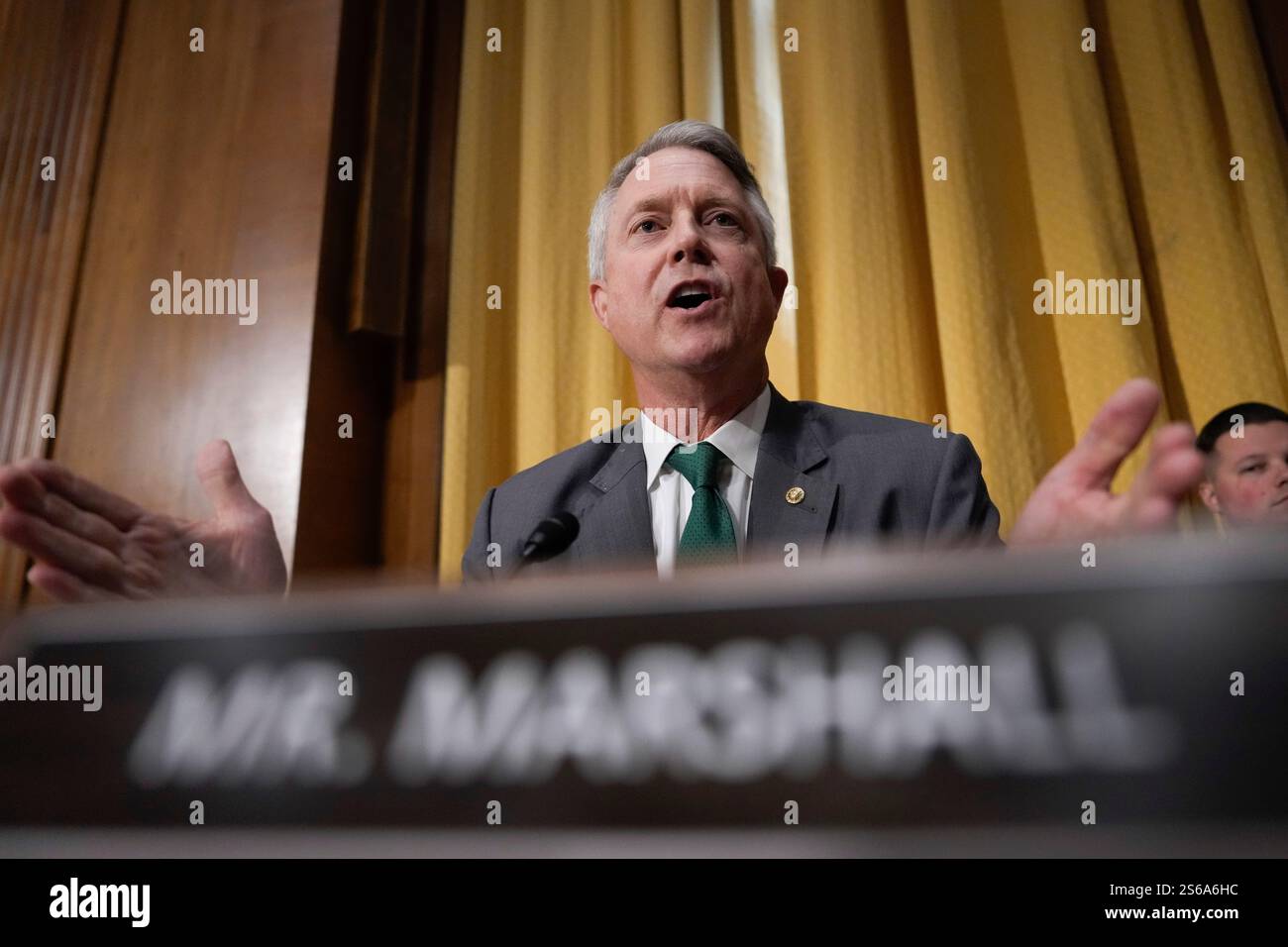 Sen. Roger Marshall, R-Kan., speaks at the Senate Finance Committee confirmation hearing for ...