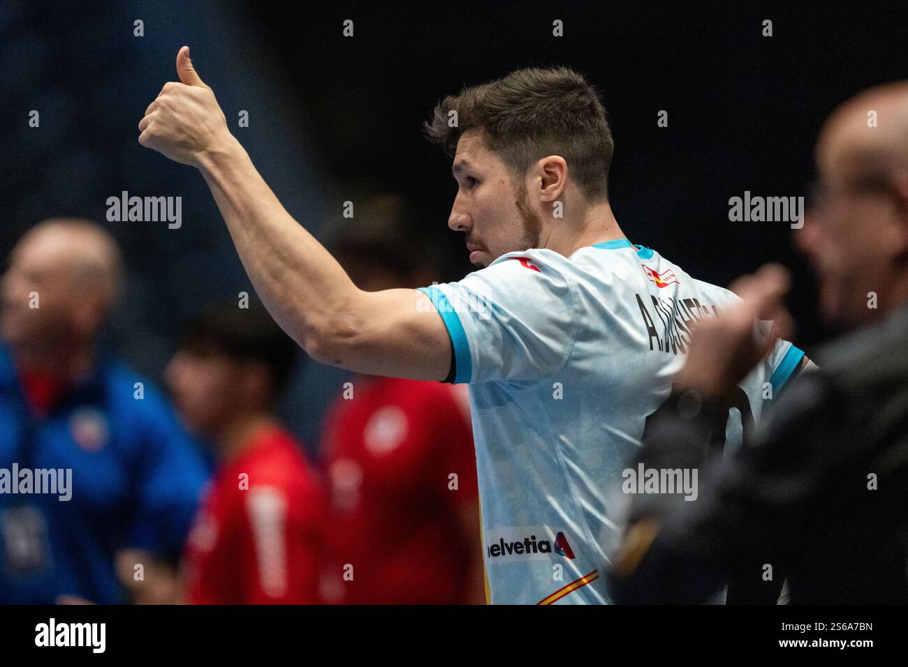 250116 Alex Dujshebaev of Spain gives a thumbs up during the 2025 IHF ...