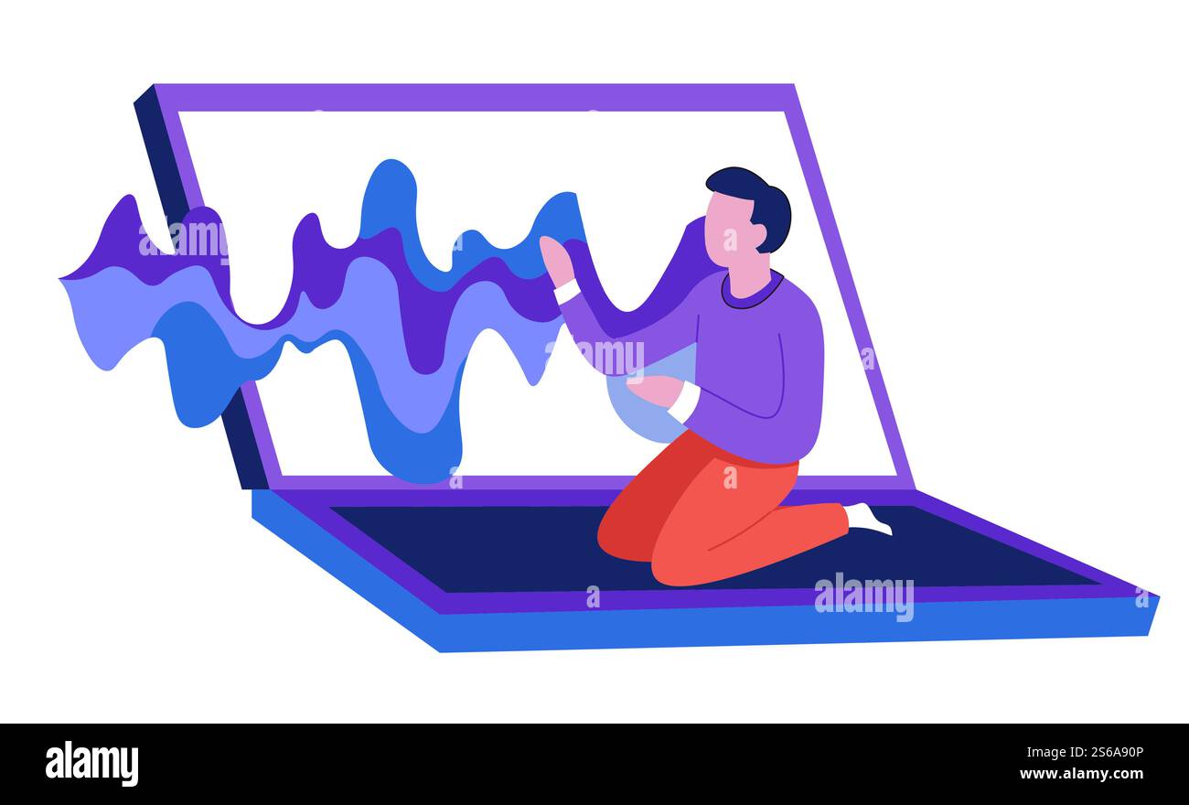 Music from laptop sound wave man sitting on keyboard vector isolated ...