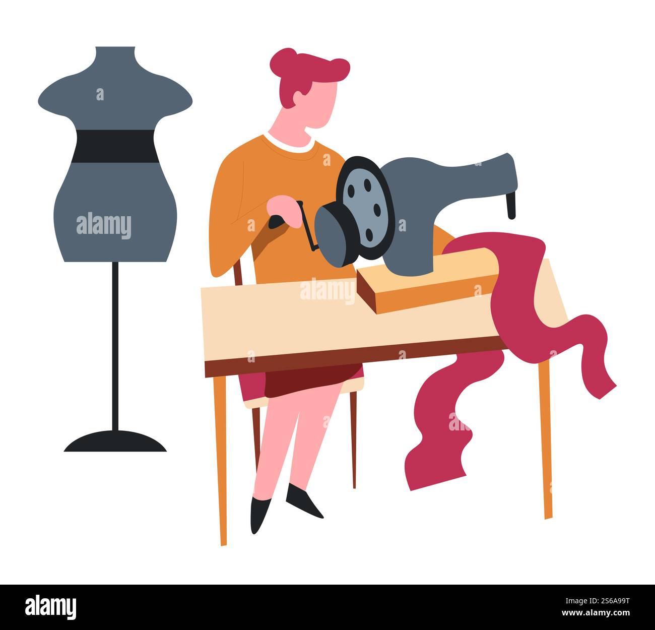 Seamstress isolated female character sewing machine and dummy vector ...