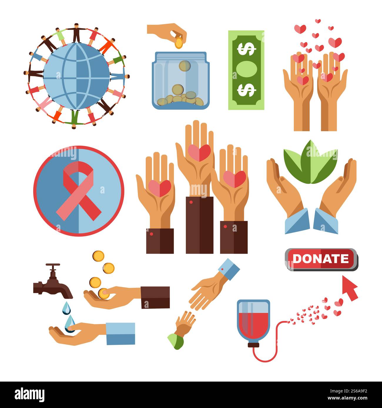 Blood donation center and charity fund vector hearts and human hands ...