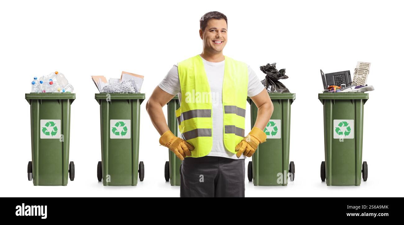 Waste collector with recycle bins isolated on white background Stock ...