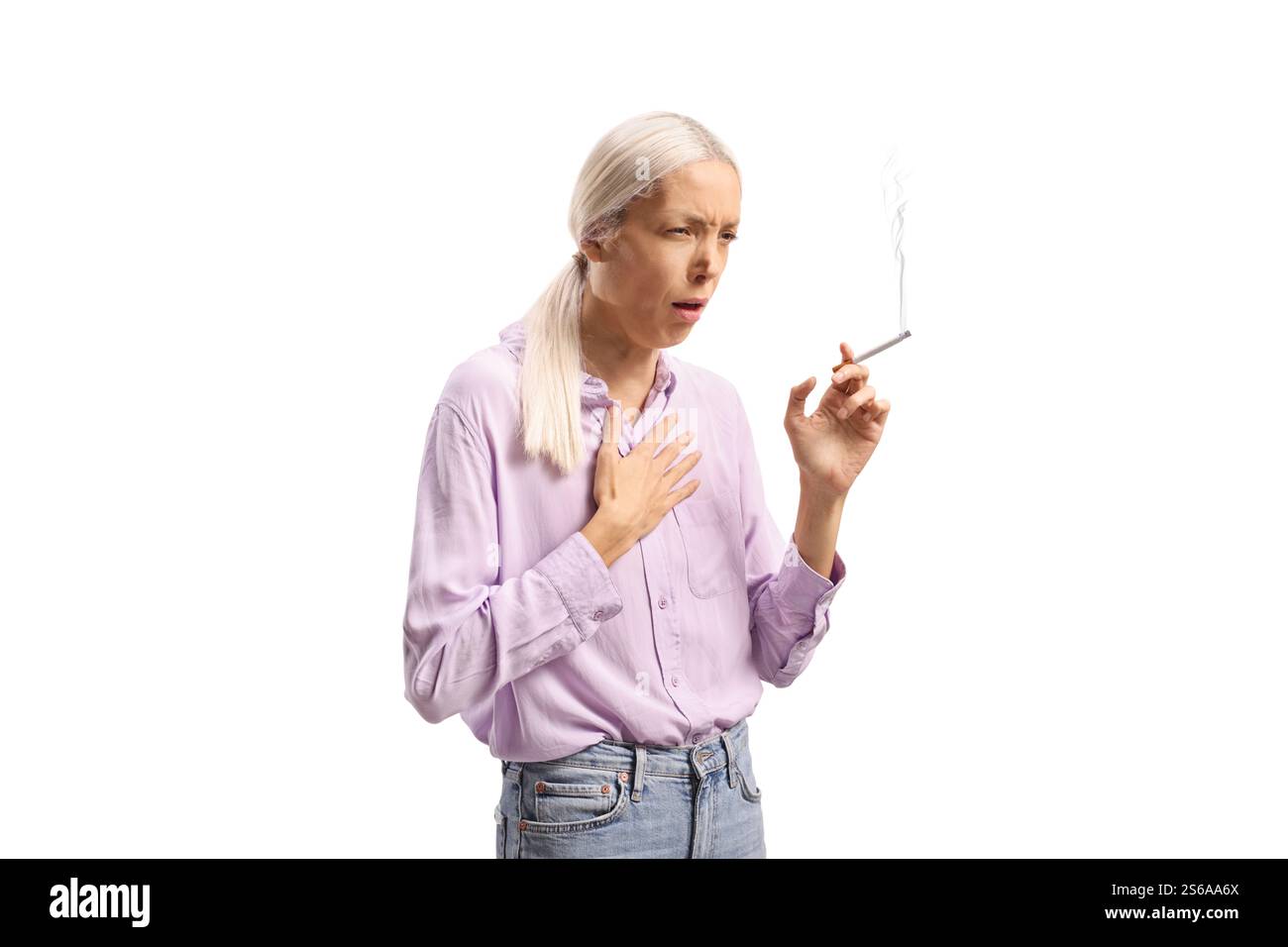 Woman smoking and coughing isolated on white background Stock Photo - Alamy