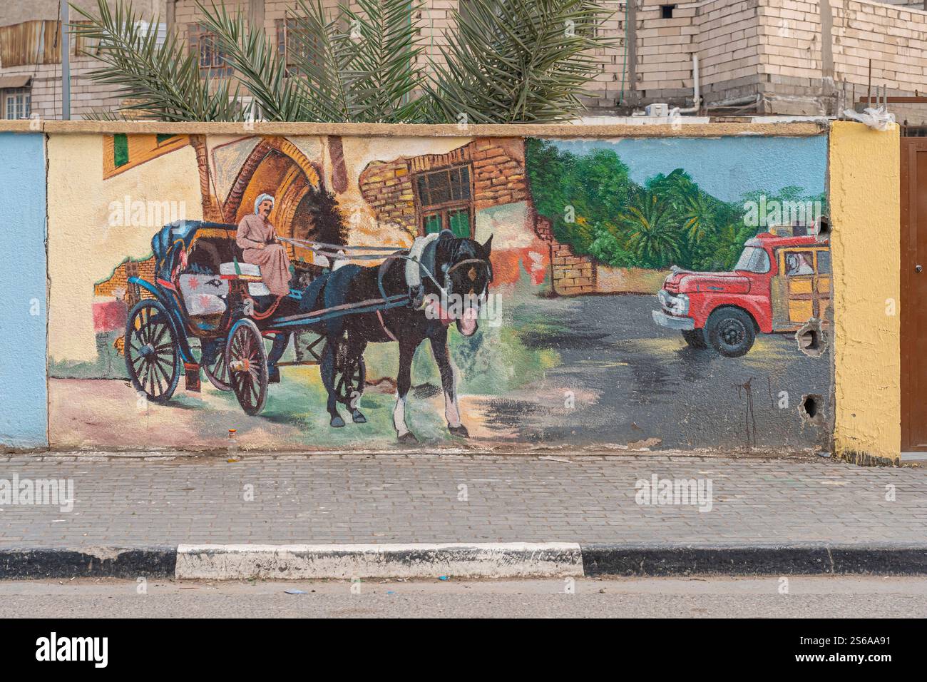Beautiful colorful wall painting around side of street in Basrah, Iraq ...