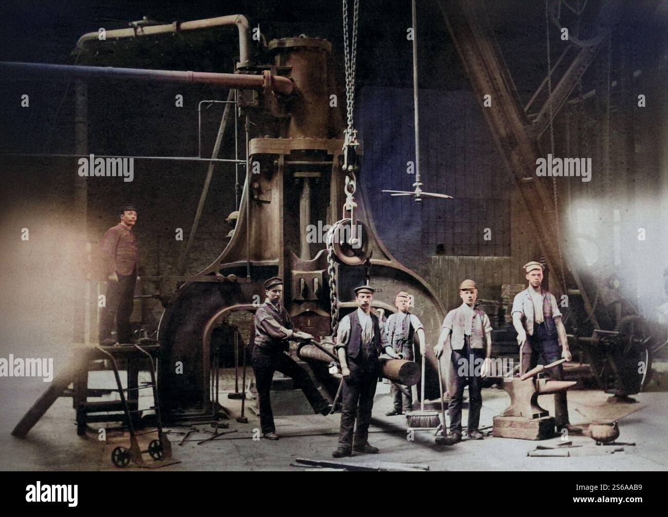 Iron workers operating Steam Hammer at Coalbrookdale Ironworks in 1872 ...