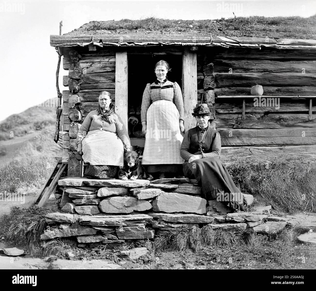 Norwegian women sitting outside rural log cabin Norway 1910 woman on ...