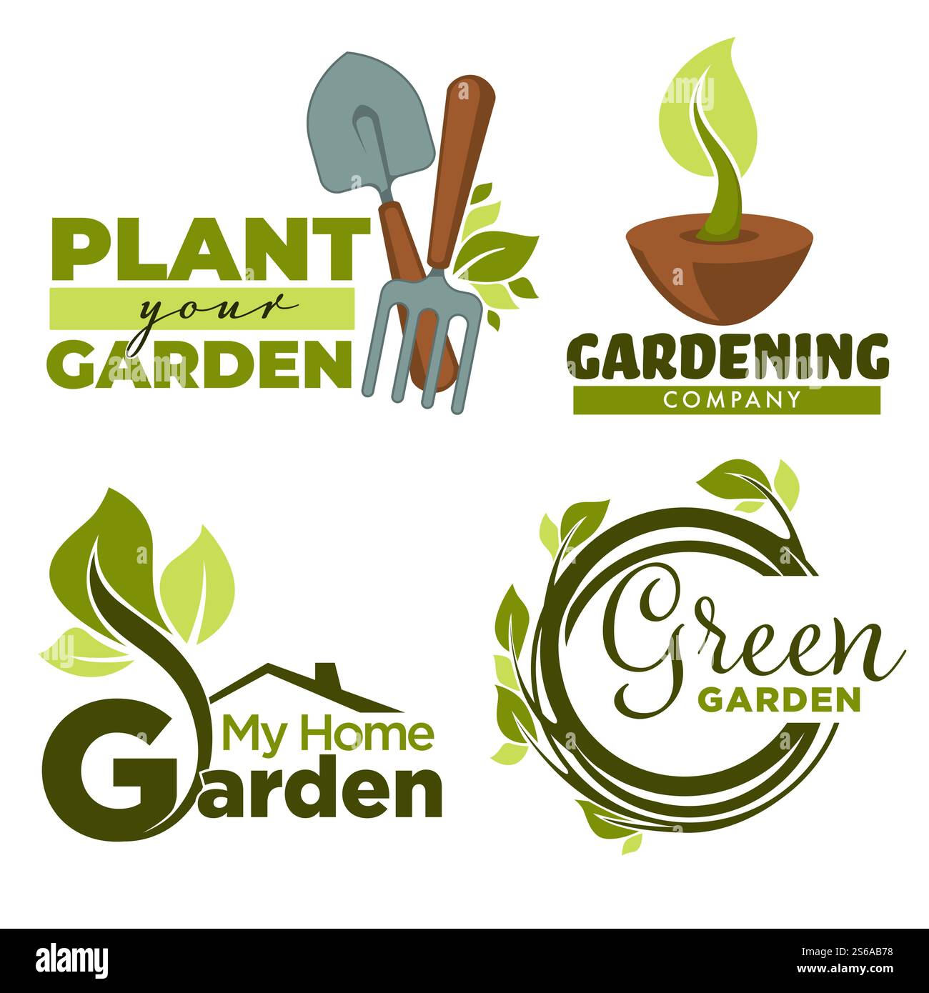 Green garden isolated icons home gardening tools and plants vector ...