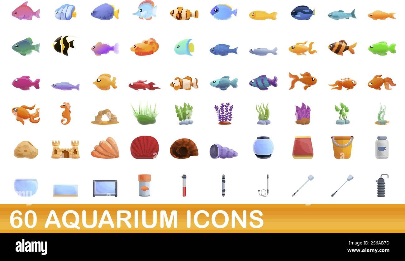 60 aquarium icons set. Cartoon illustration of 60 aquarium icons vector ...