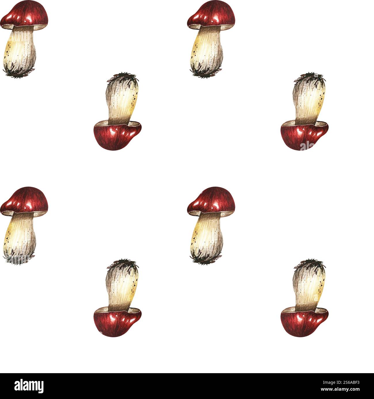 Seamless pattern with aspen mushroom with a red cap. Watercolor ...