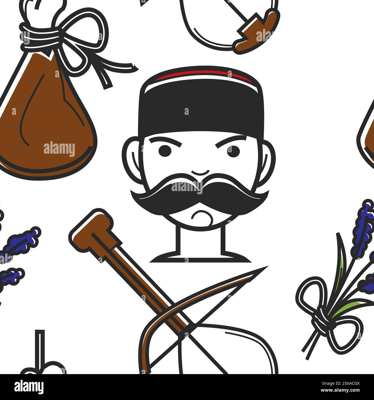 National symbols and Montenegrin man with mustache seamless pattern ...