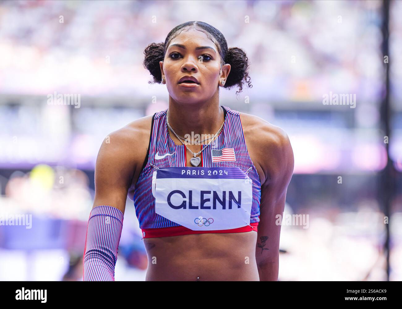 Rachel Glenn participating in the high jump at the Paris 2024 Olympic ...