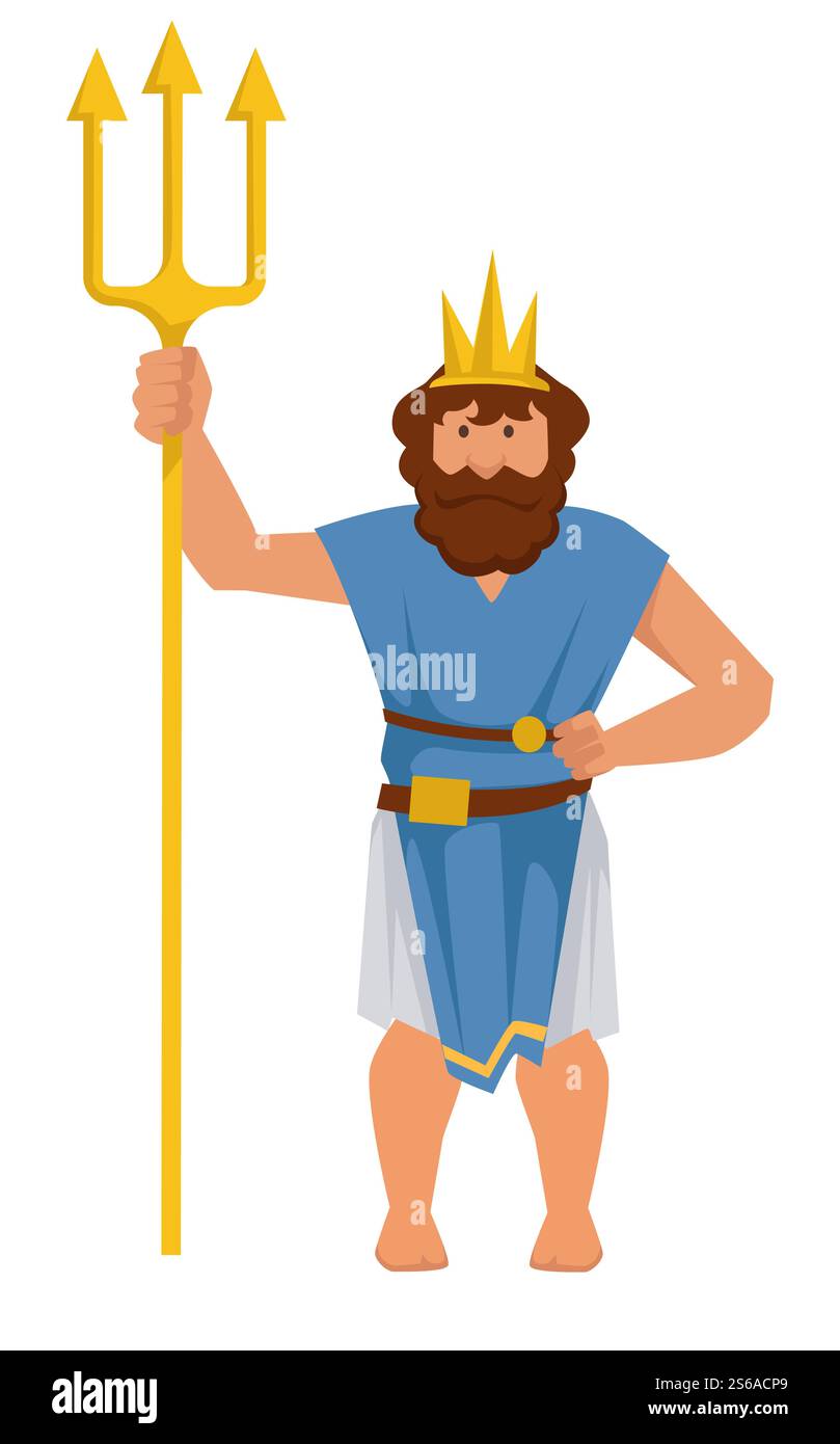 Ancient Greek god of sea and waters Poseidon vector man in crown with ...