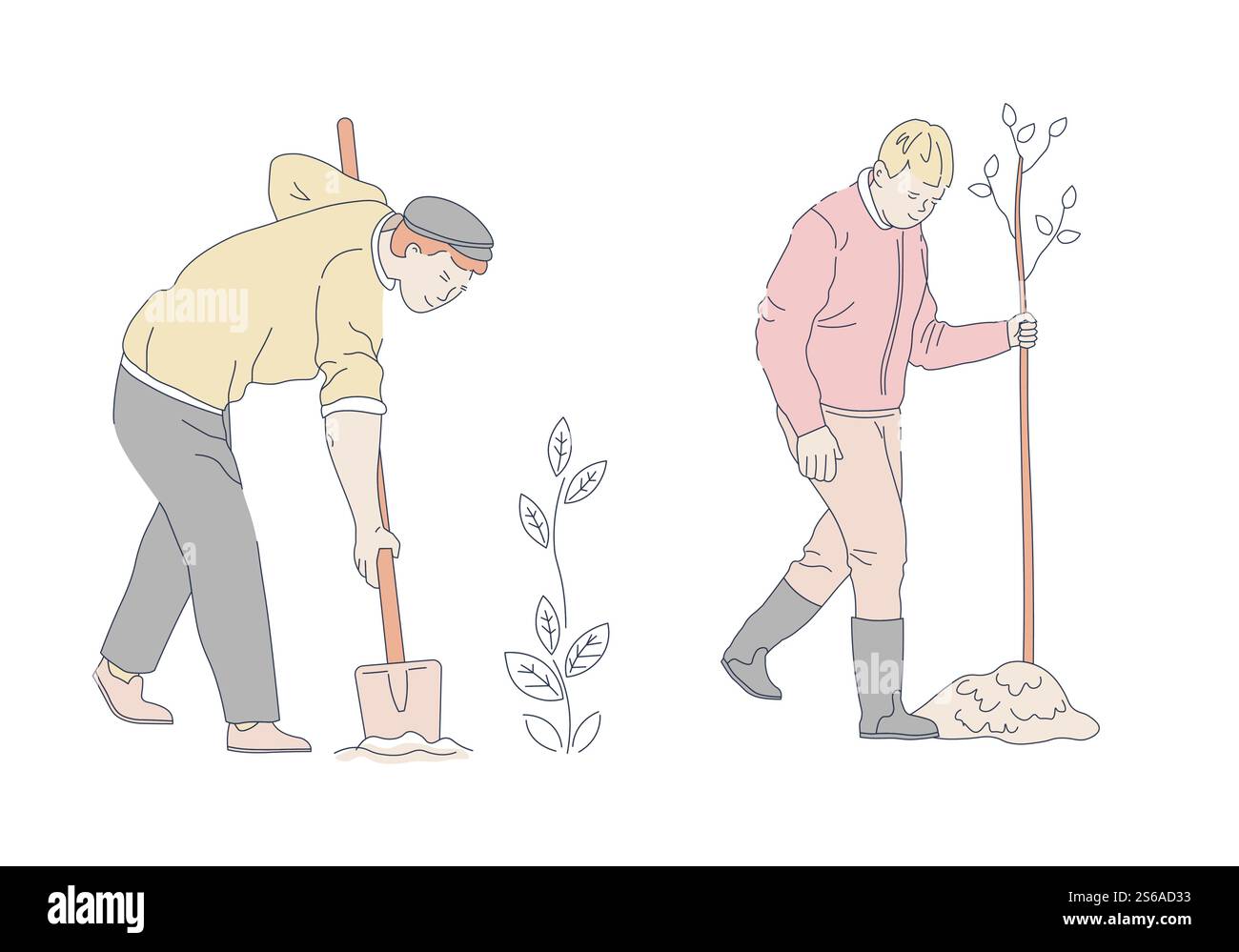 Garden or orchard man planting tree or bush in ground vector male ...