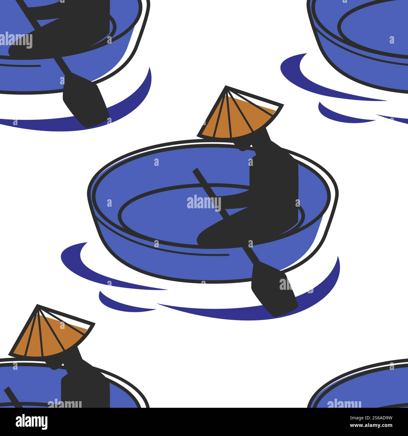 Vietnam symbol man in boat in Vietnamese hat with oar seamless pattern ...