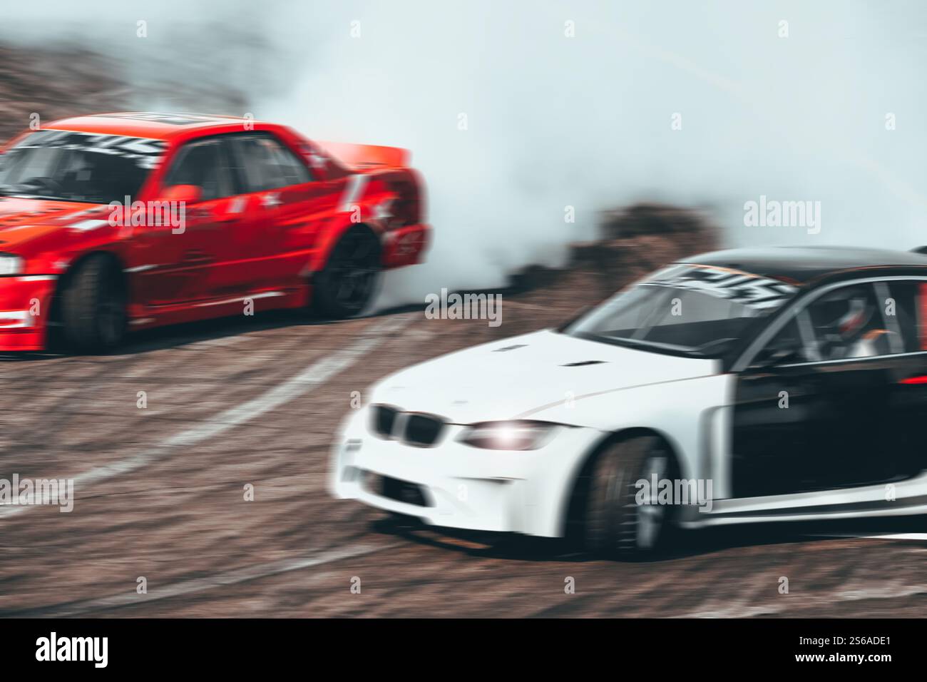 Blurred parts of the bodies of racing drift cars with a large one on a ...