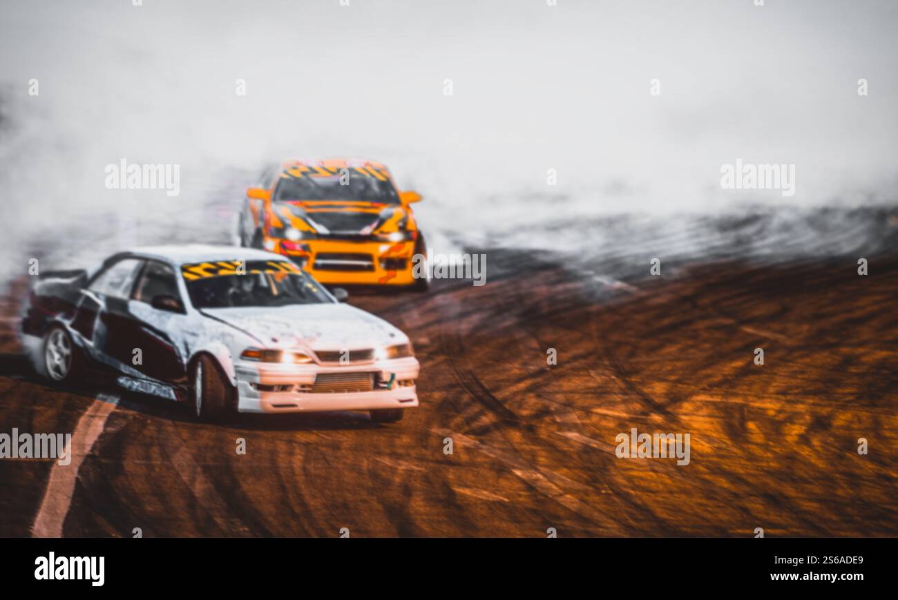 Blurred racing drift cars with lots of smoke on high speed track in ...