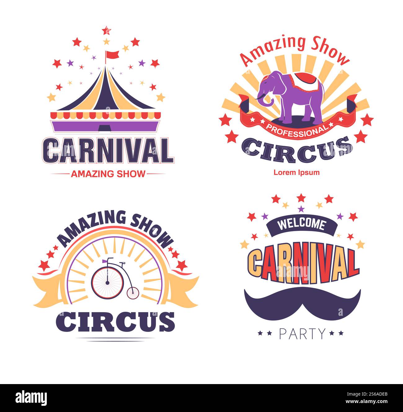 Carnival party and circus show isolated icons vector striped tent and ...
