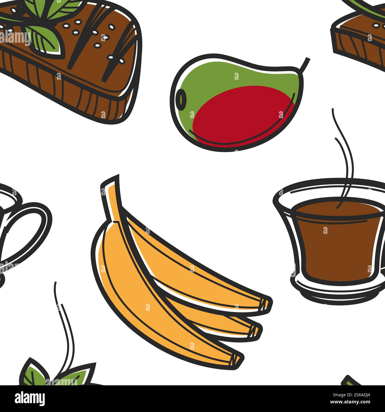 Fruits drink and meat South African food seamless pattern vector mango ...