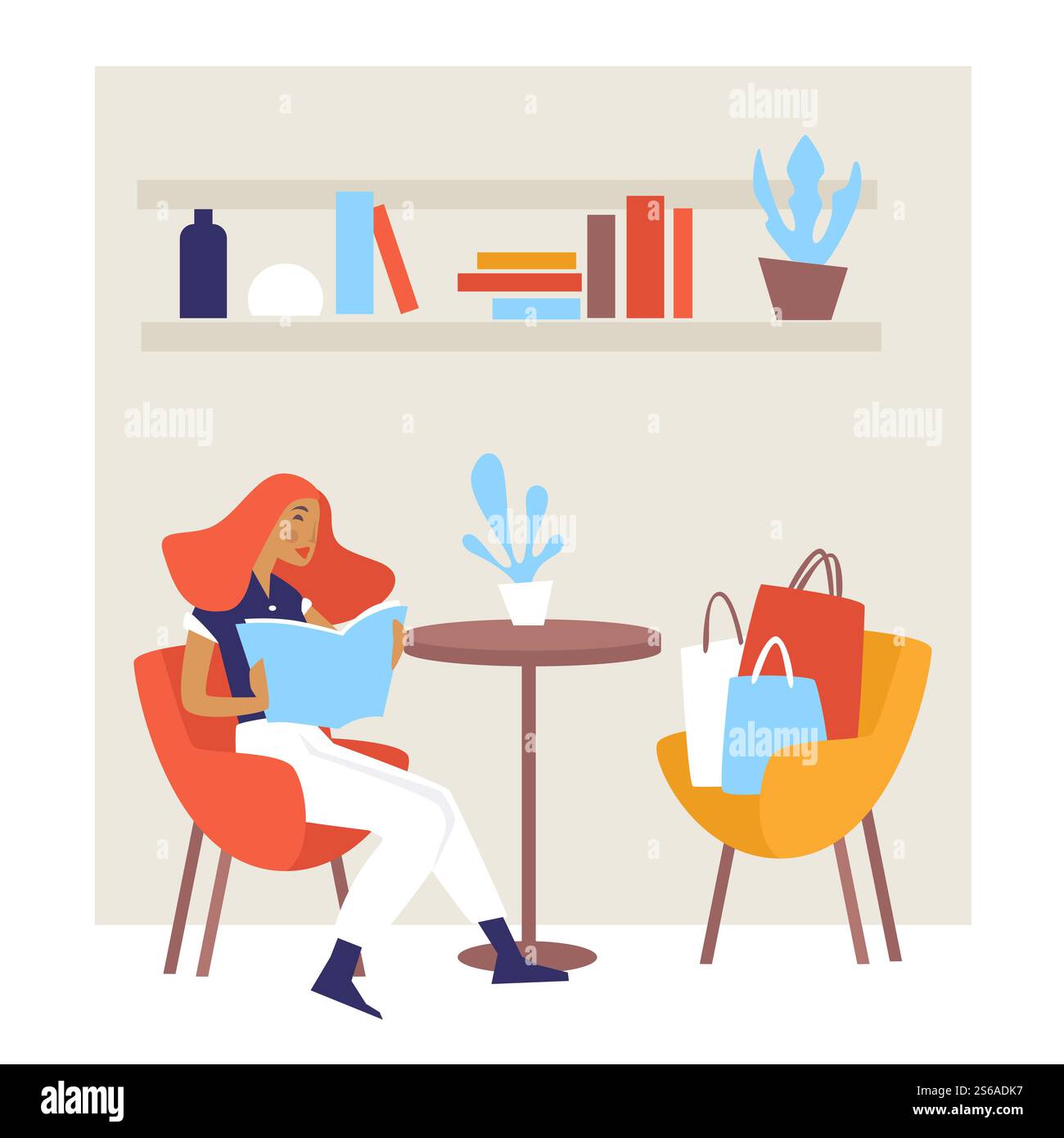After shopping woman at cafe reading menu with bags and packs vector ...
