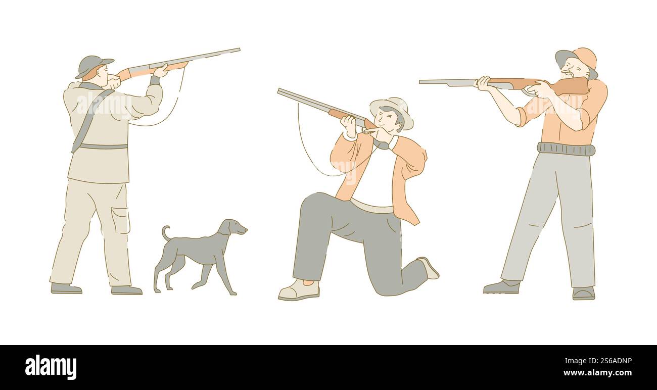 Hunting sport hunter with rifle and dog aiming prey vector huntsman ...