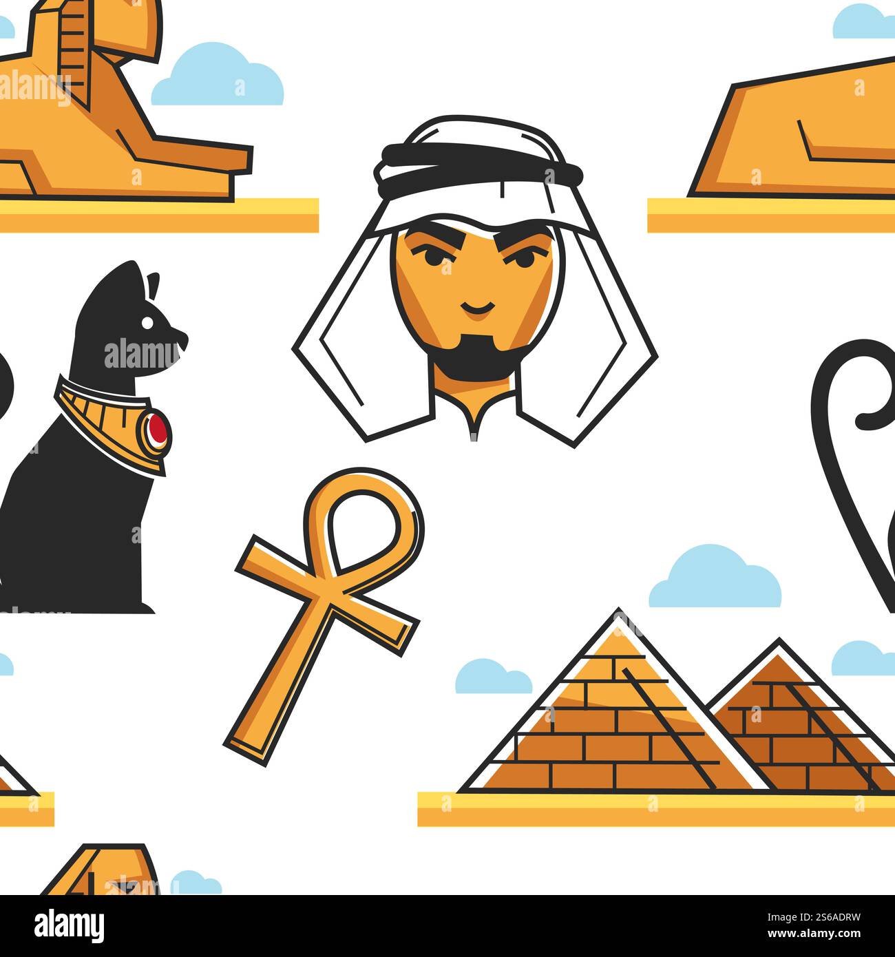 Egypt Sphinx and Pyramids Bedouin and ankh black cat vector seamless ...
