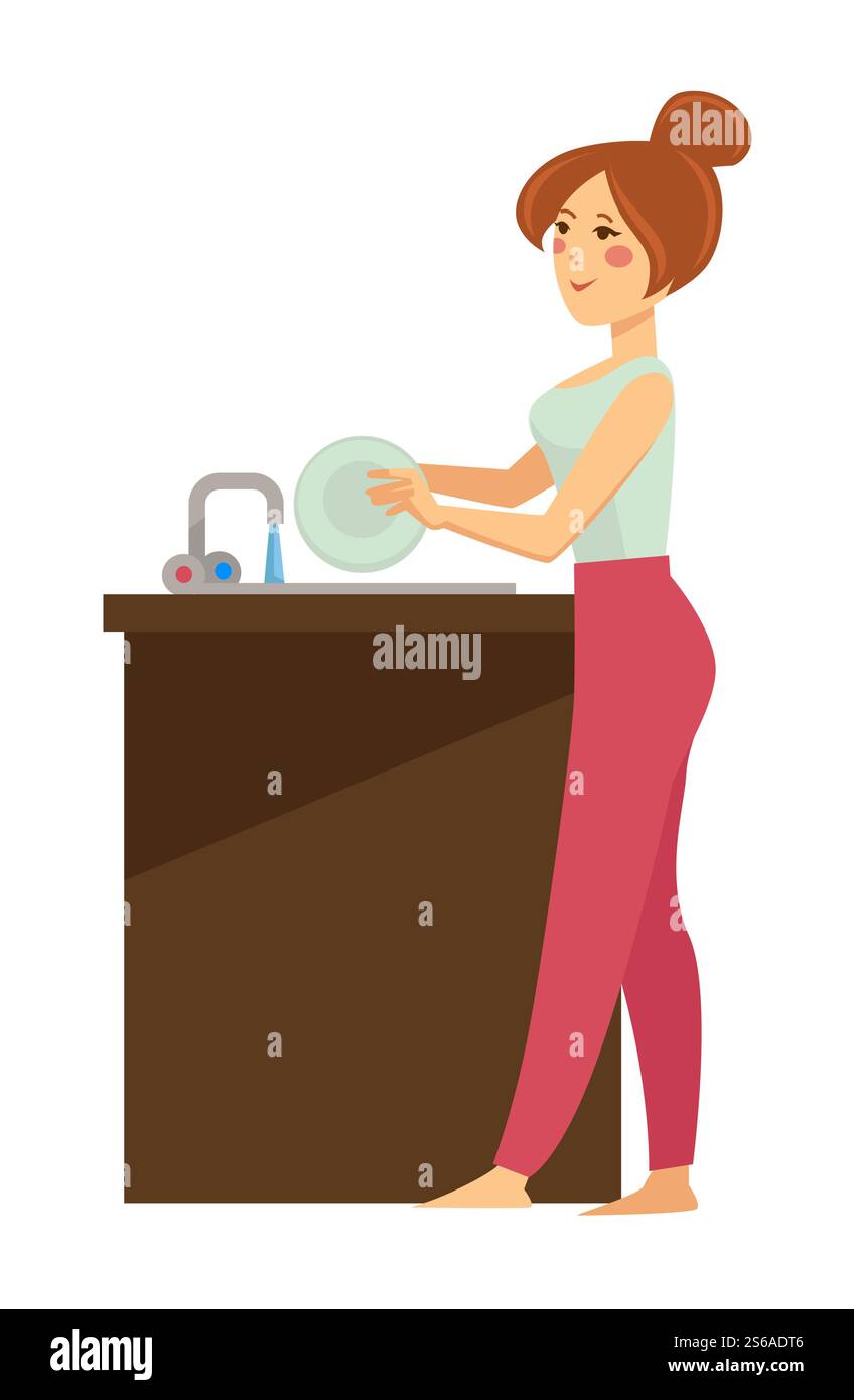Dishwashing woman washing dishes in sink daily routine isolated female ...